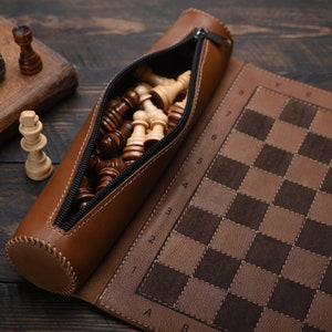 Genuine Leather Chess Roll - Compact Travel Chess Set - Perfect for On ...