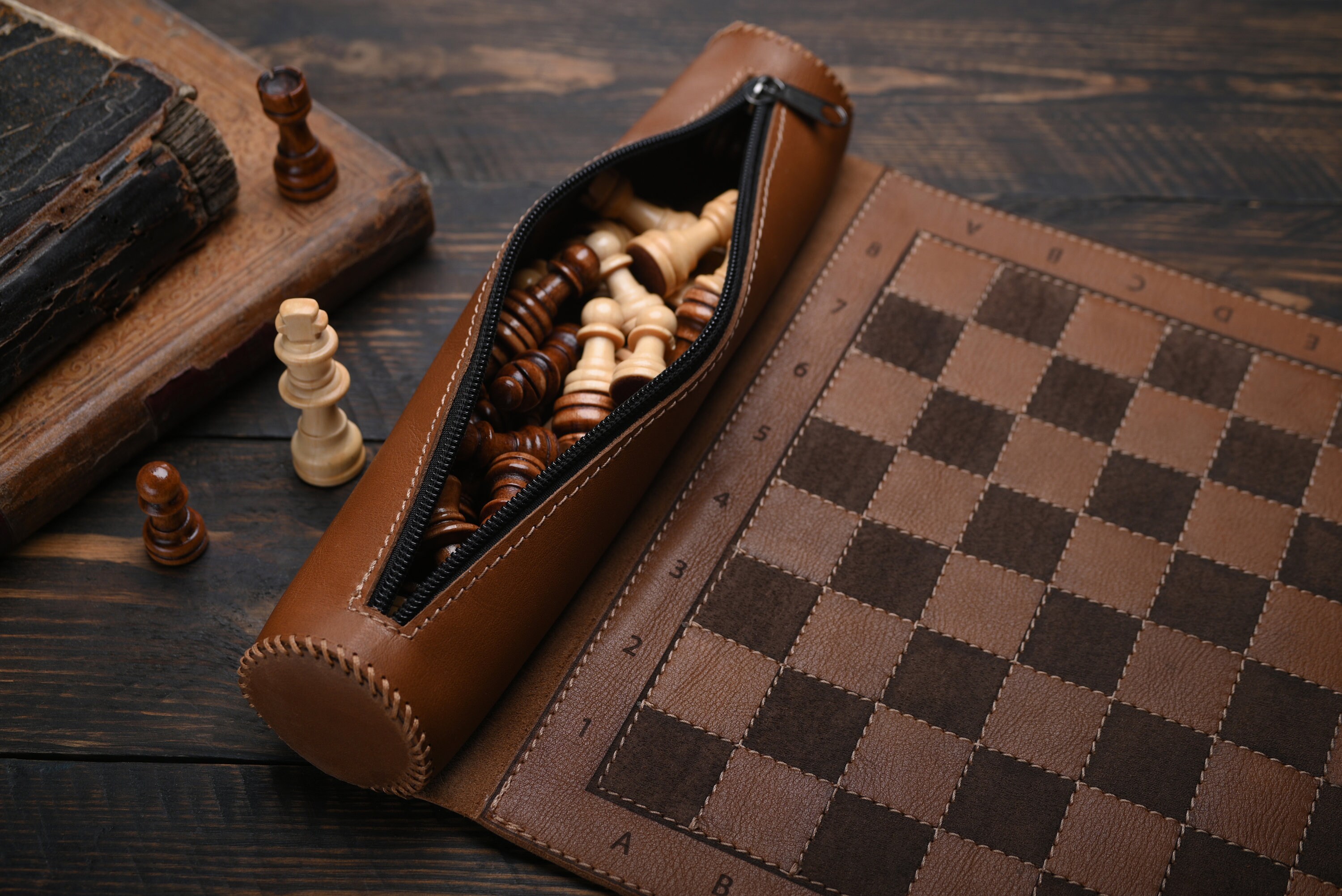 Genuine Leather Chess Roll - Compact Travel Chess Set - Perfect for On ...