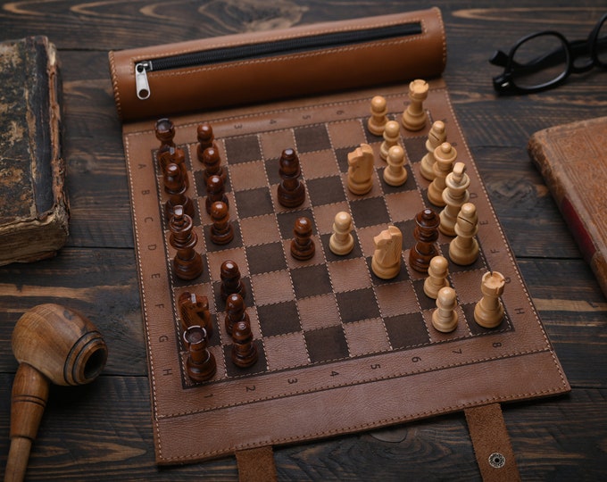 Roll-up Leather Chess Set, Magnetic Chess Board, Engraving Option ...