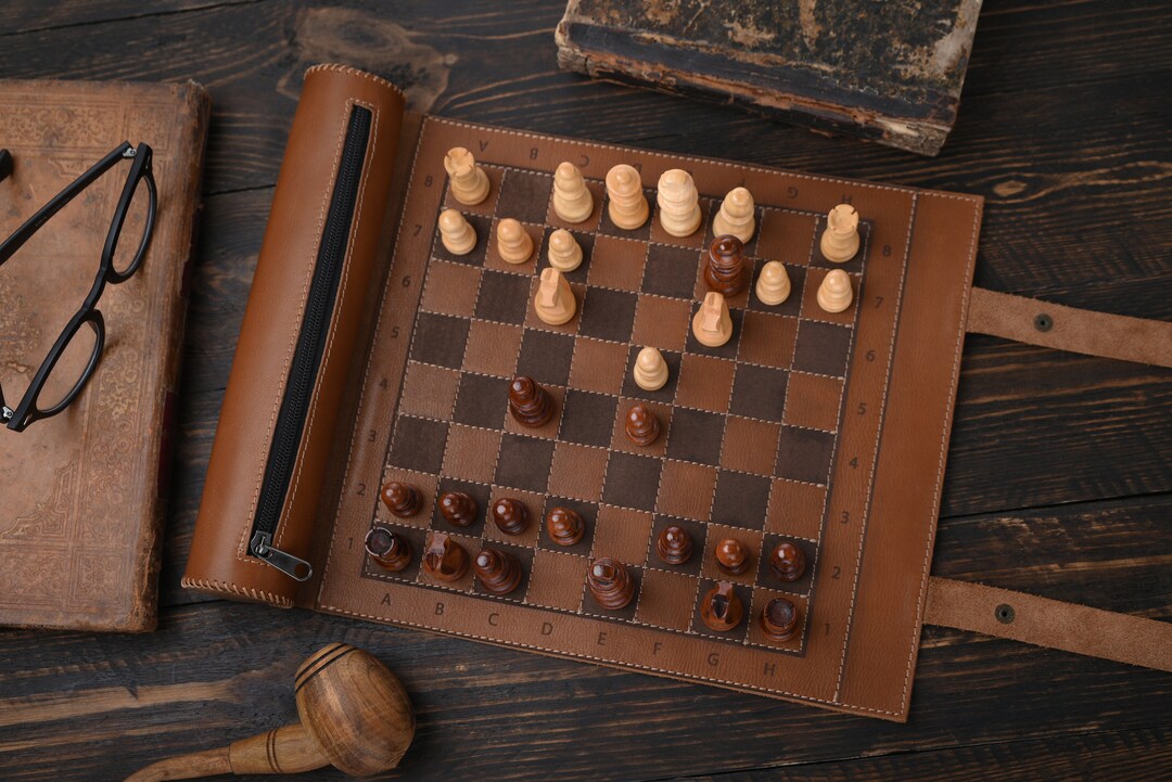 Genuine Leather Chess Roll - Compact Travel Chess Set - Perfect for On ...