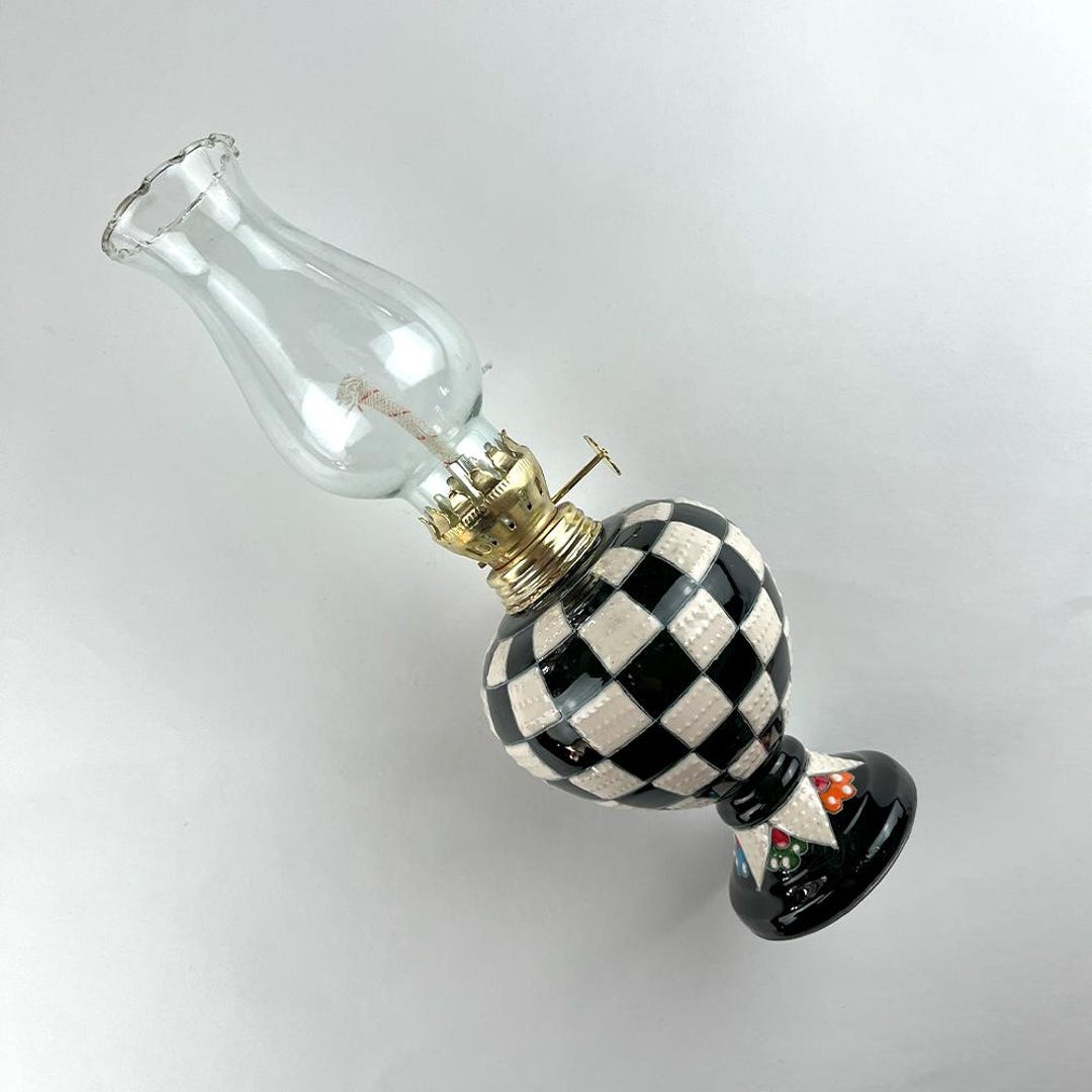 Turkish Handmade Ceramic Kerosene Lamp: Checkers Pattern, Relief Paint ...