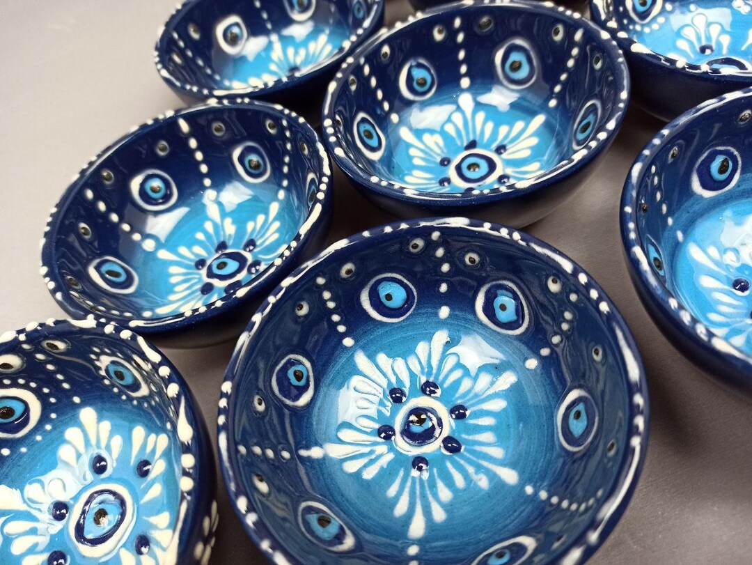 Set of 7 Handmade Turkish Ceramic Tiny Bowls | Unique and Evil Eye ...