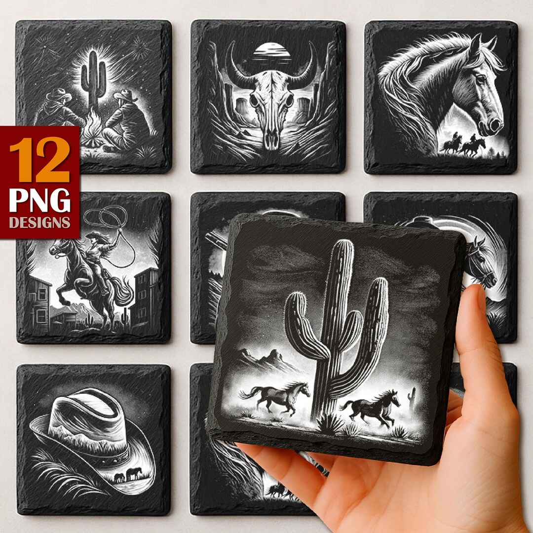 Wild West Cowboy PNG Set: Laser Engraving Designs for Slate Coasters ...