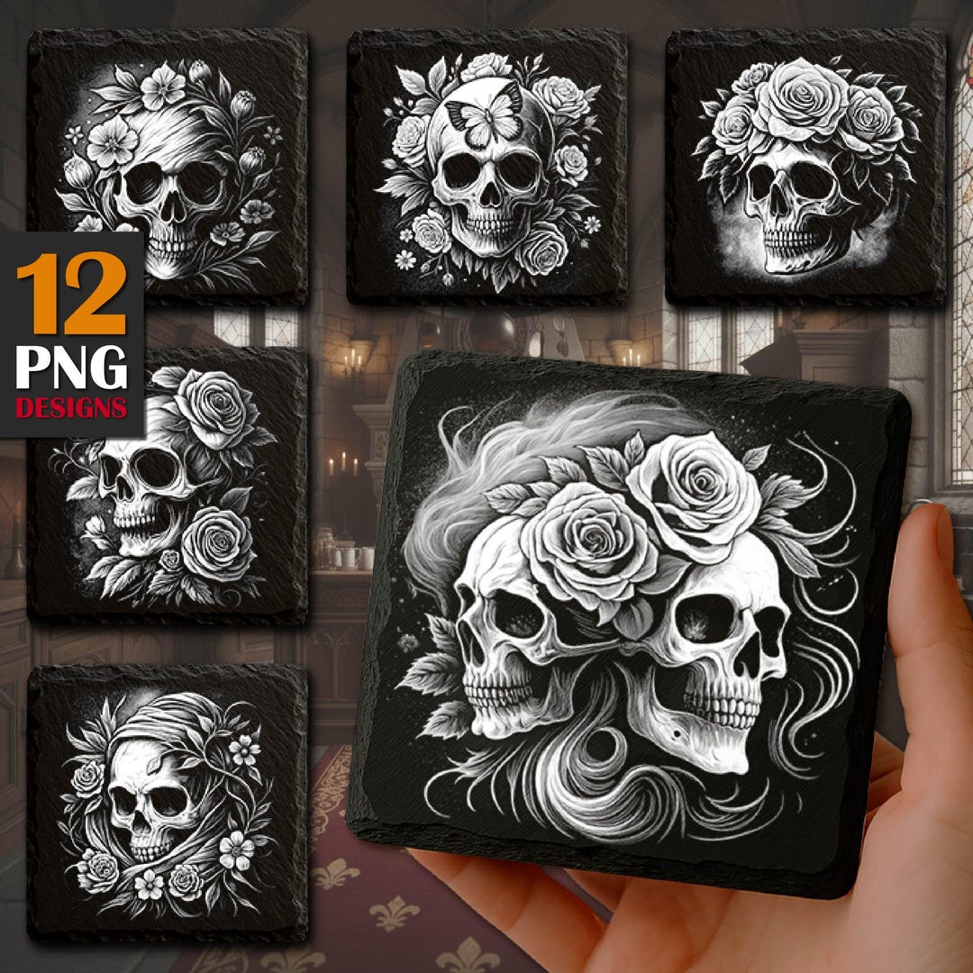 Floral Skull Laser Burn PNG, Gothic Botanical Engraving, Mystical Roses ...
