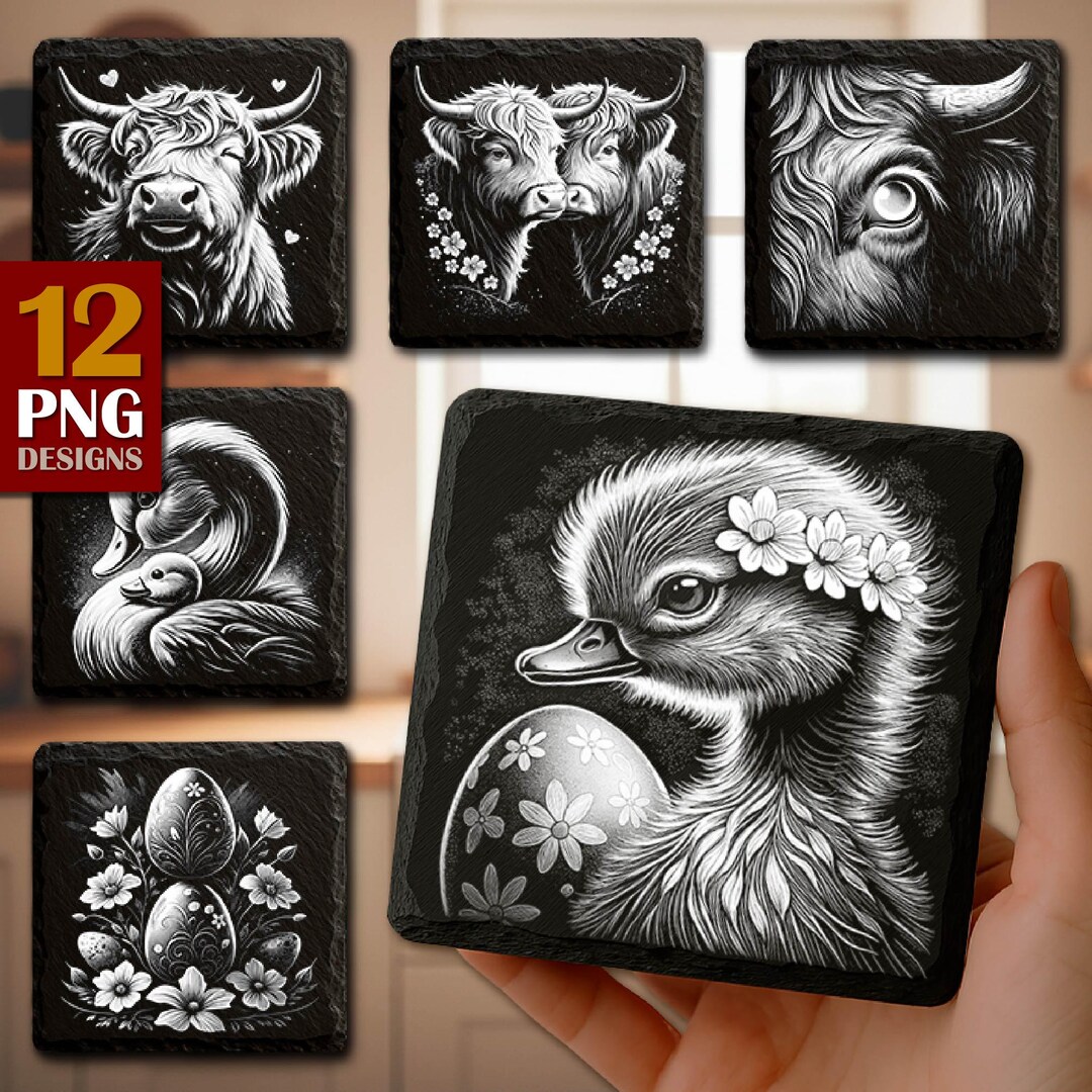 Easter Slate Coaster PNG Set | Highland Cow Hugs, Goose & Chick Farm ...
