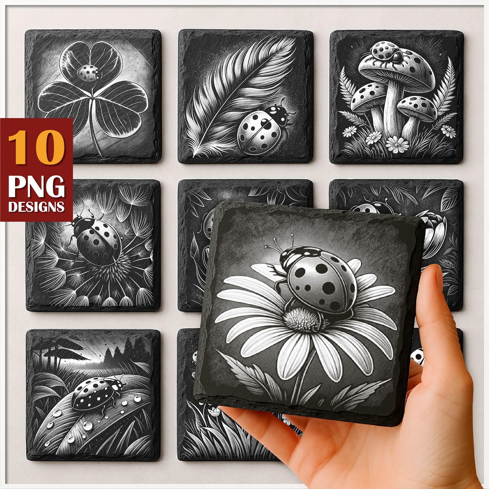 Ladybug Slate Coaster PNG Laser Engrave File: Glowforge, Xtool (digital ...
