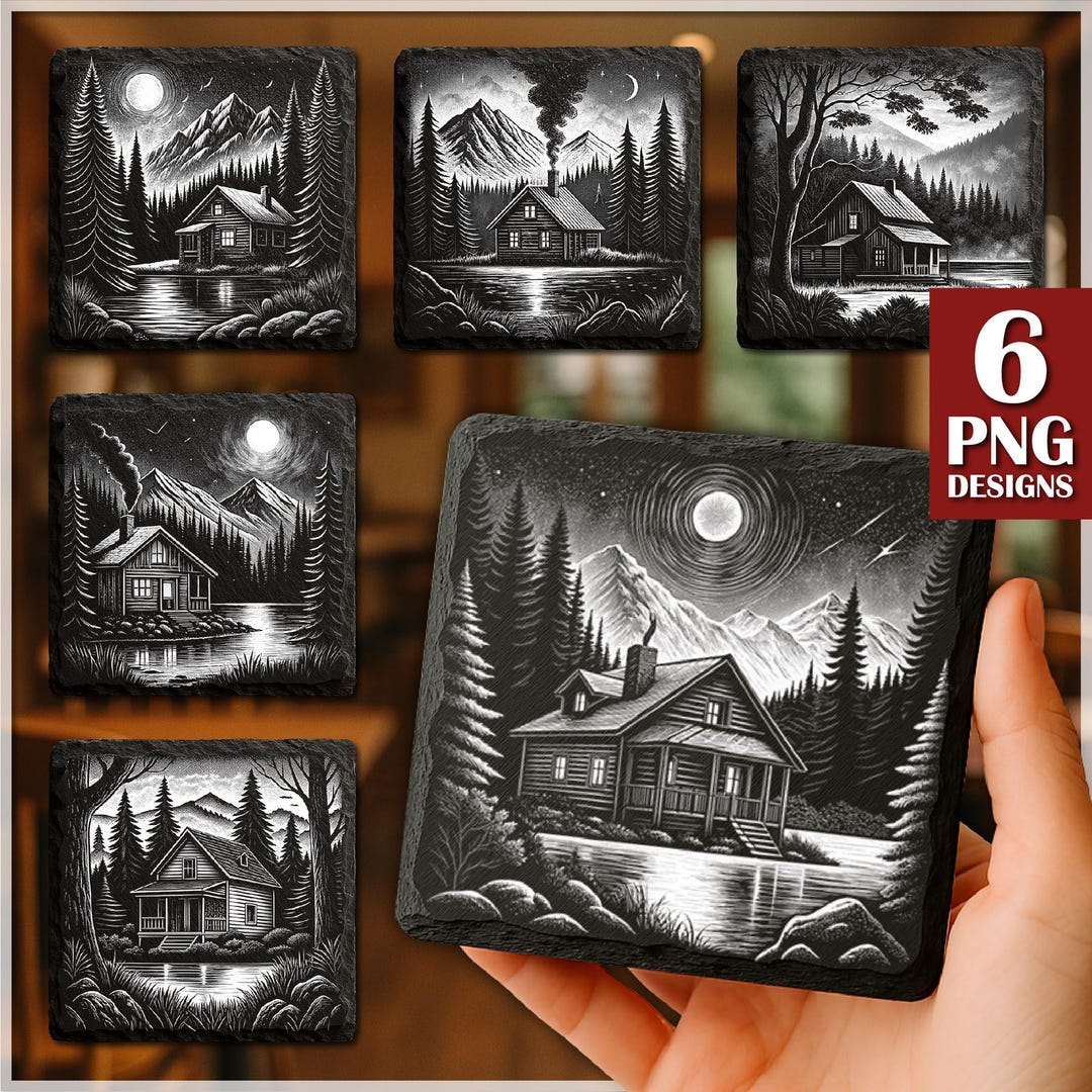 Rustic Cottage Laser, PNG Slate Laser Burn, Engrave File, Lake Mountain ...