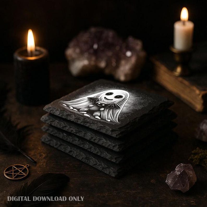 Halloween Characters Engraving PNG Set: Spooky Ghosts & Bats ...