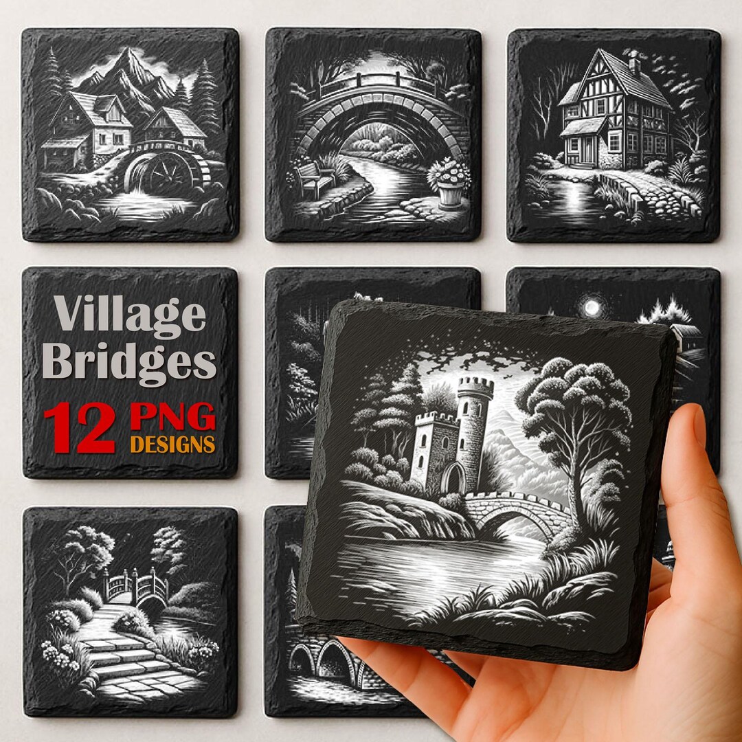 Village Bridges Engraving, PNG for Slate Laser Burn, Engrave Files ...