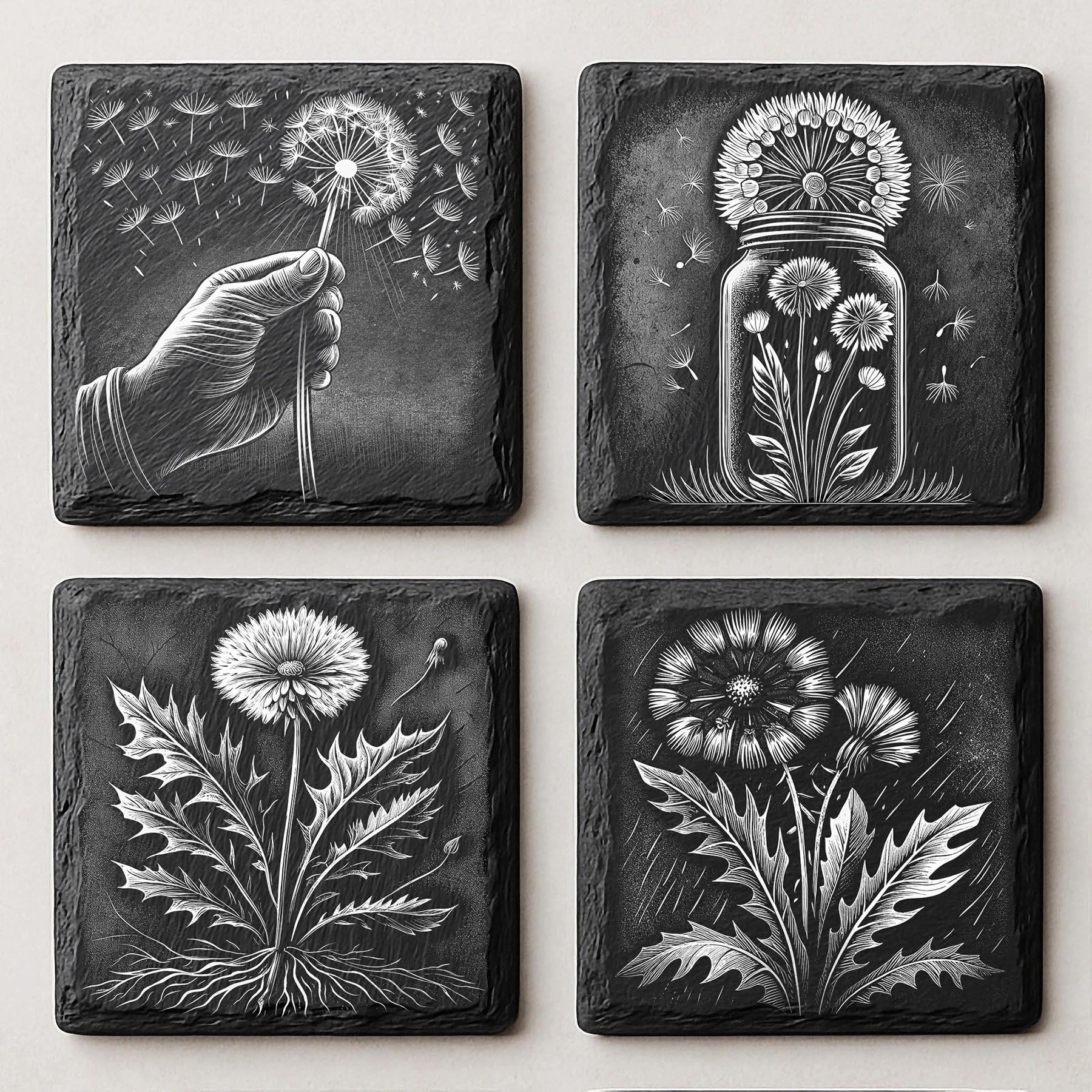 Dandelion Laser Engraving PNG: Botanical Coaster Files, Glowforge Ready ...