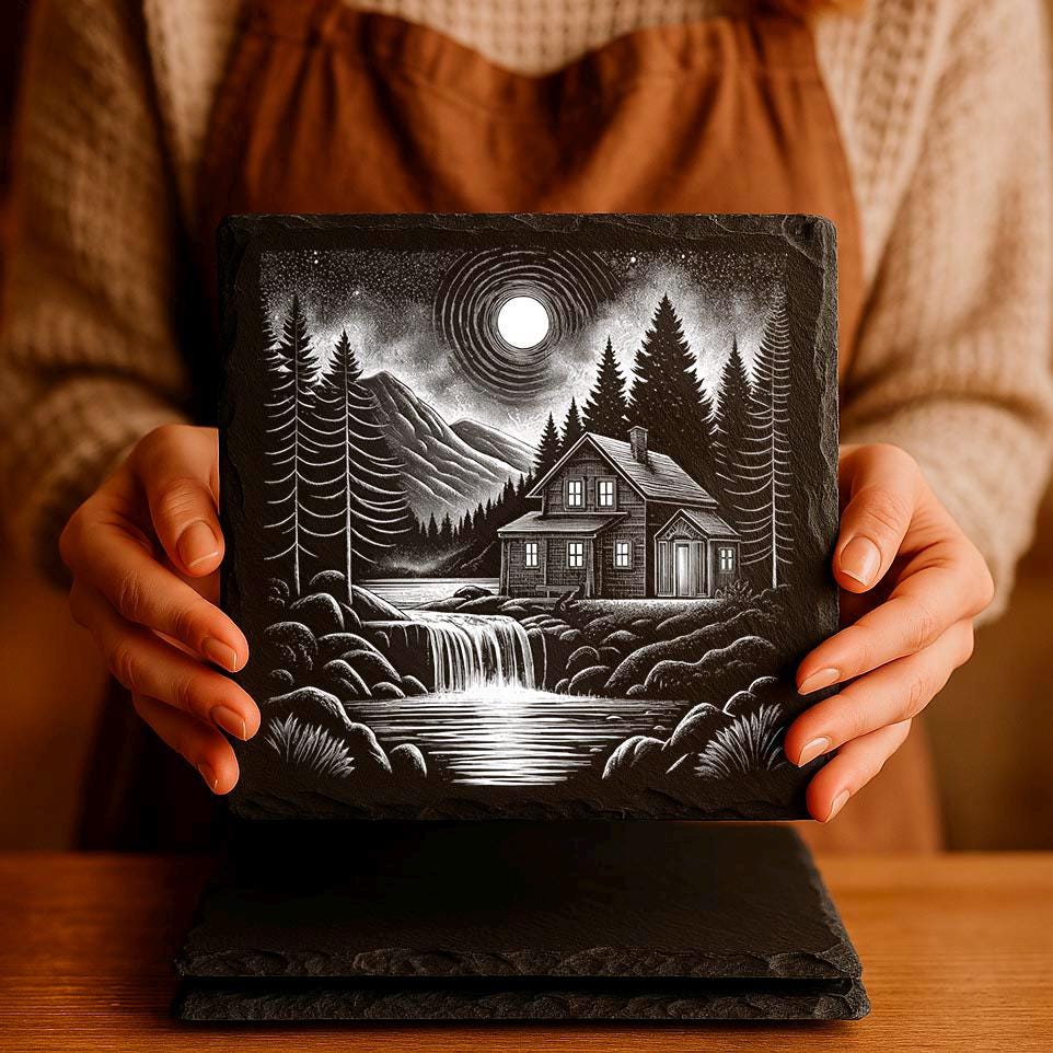 Rustic Cottage Laser, PNG Slate Laser Burn, Engrave File, Lake Mountain ...