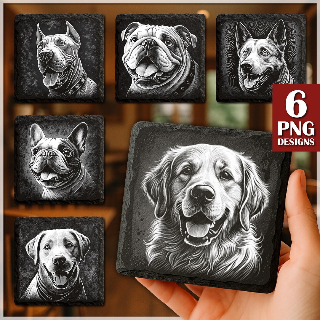 Dog PNG Slate Laser Burn Bundle, Slate Coasters Files PNG for Engraving ...