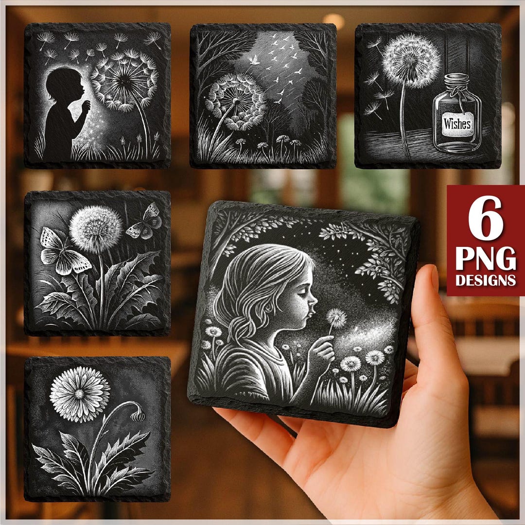 Dandelion Laser Engraving PNG, Slate Coaster File Bundle (digital ...