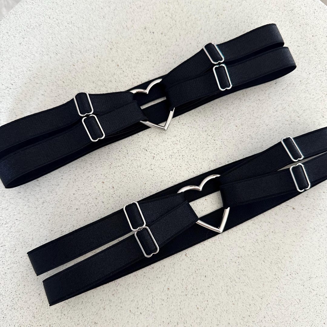 Set of 2 Adjustable Black Leg Garters With Metal Heart, Plus Size Thigh ...