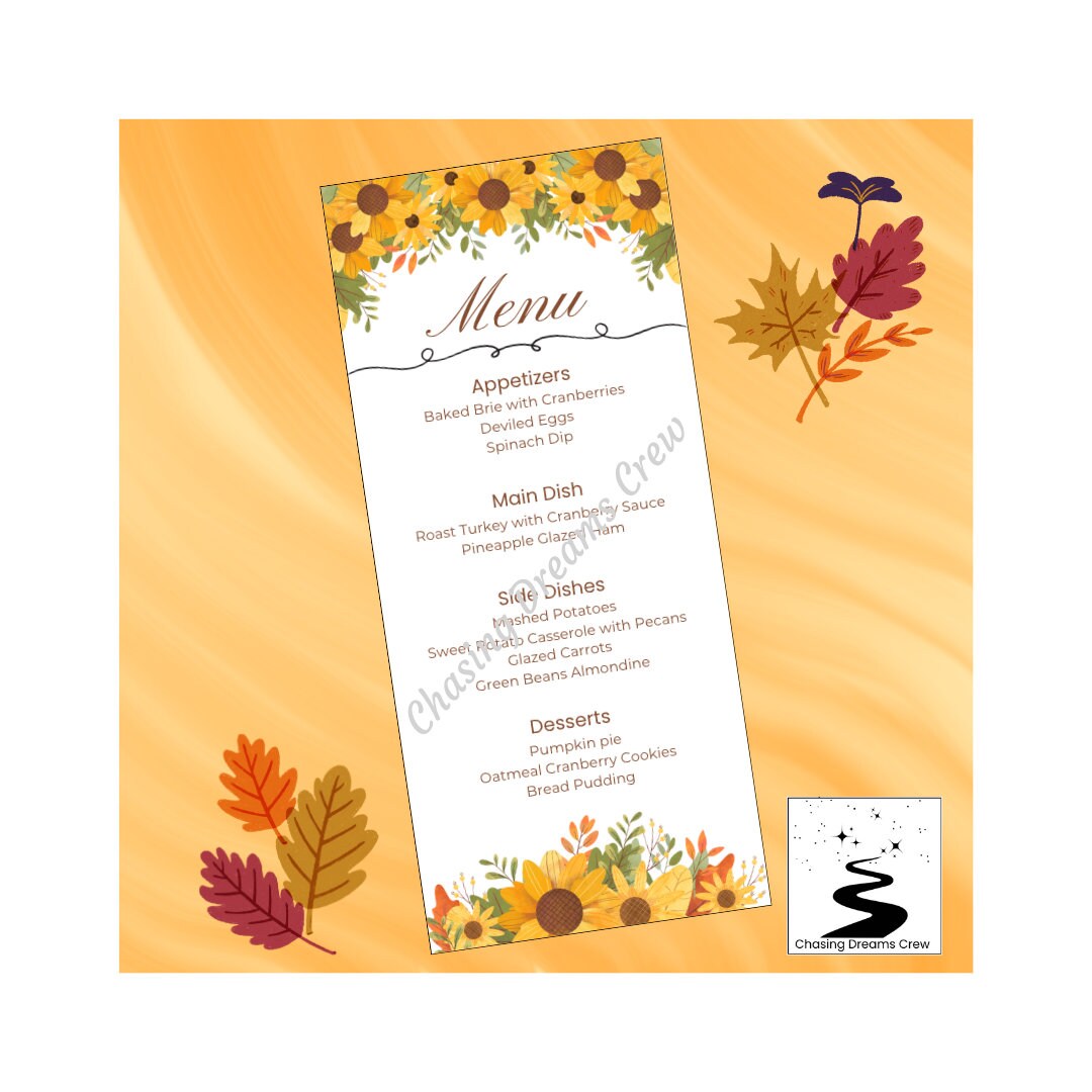 Menu Template | Cafe Menu Template | Dinner Menu | Thanksgiving Menu | Fall Menu | Shower Menu ...