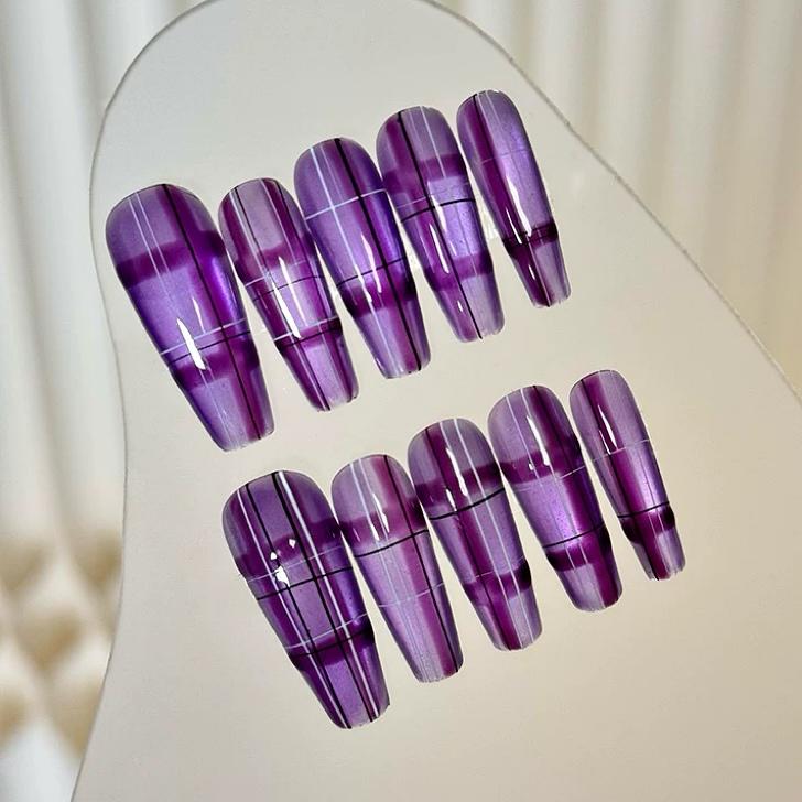 Press-on Nails Set Purple Grape Plaid, Translucent Checker, Long Length ...