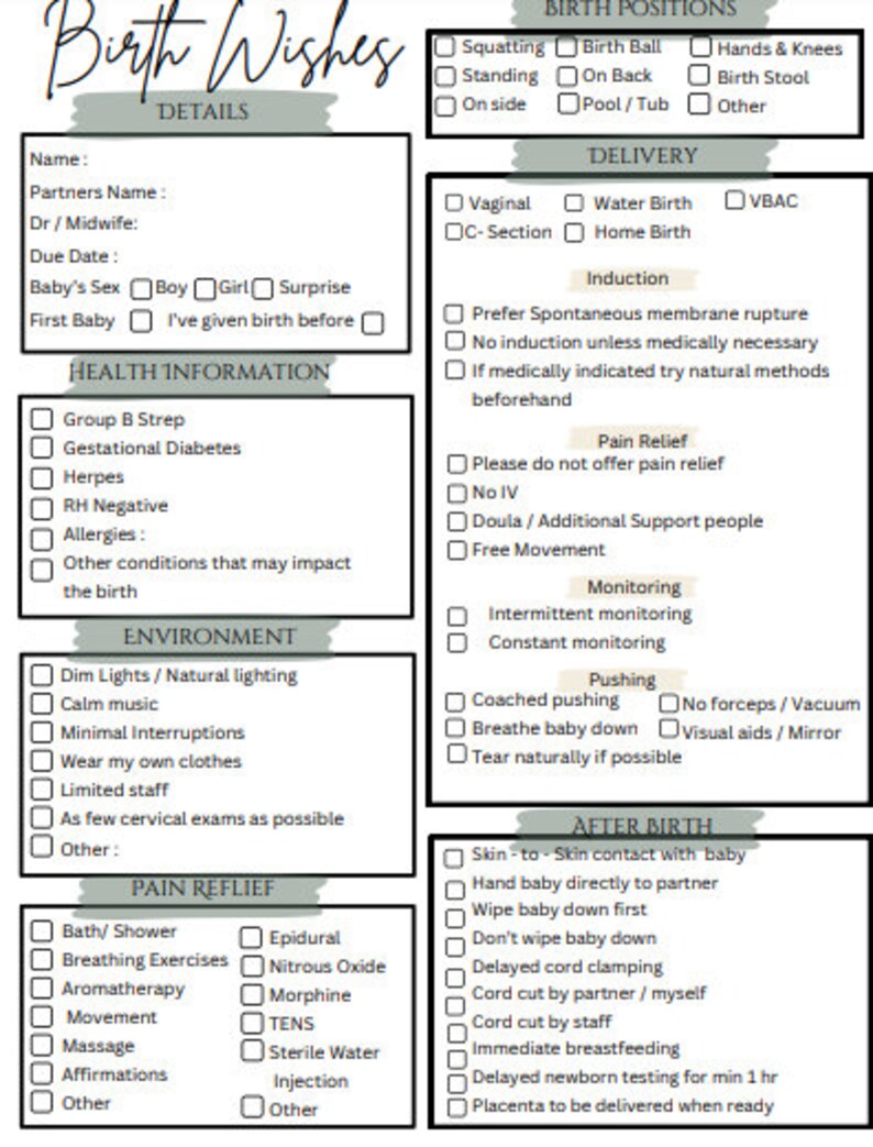 Birth Wishes Printable & Editable simple Design visual Birth Plan - Etsy