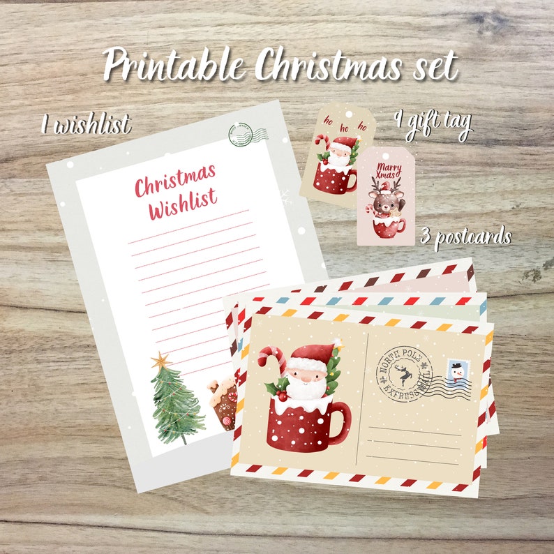 Printable Christmas Gift Tags, Postcard and Wishlist Set - Etsy