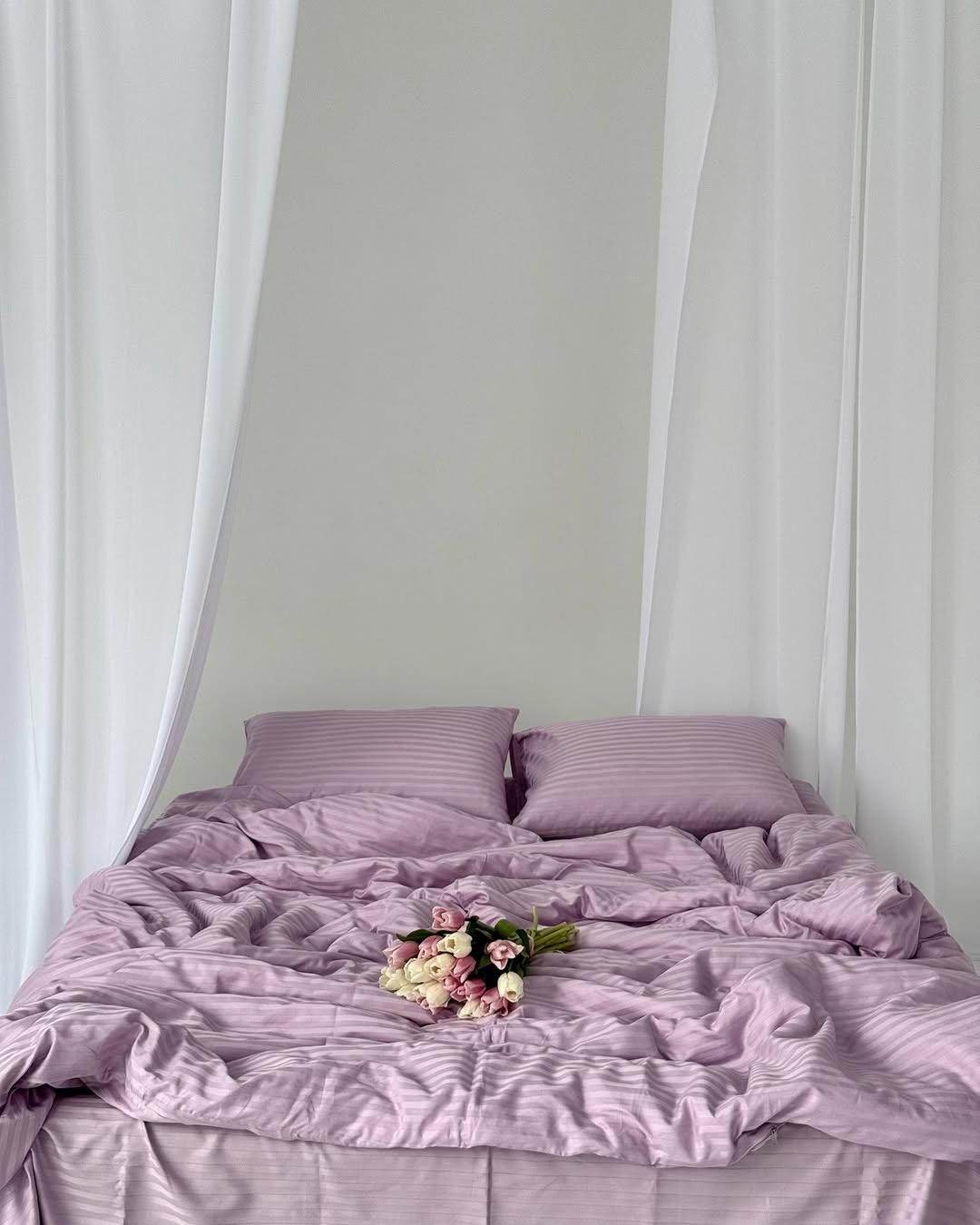 Lilac Cotton Striped Bedding Set, Soft Sateen Bed Sheets, Natural ...