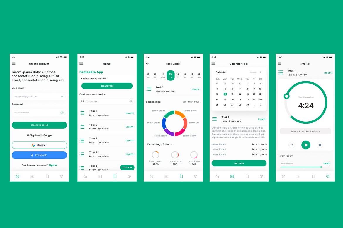 Pomodoro Planner Timer, Daily & Task Manager App in Figma, XD, Sketch and Photoshop - Etsy