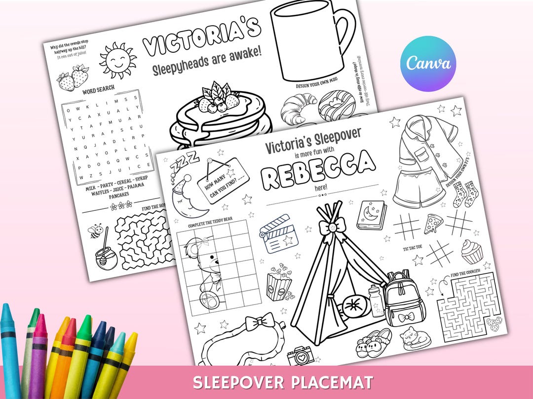 Editable Sleepover Coloring Placemat: Pajama Party Activity (digital ...