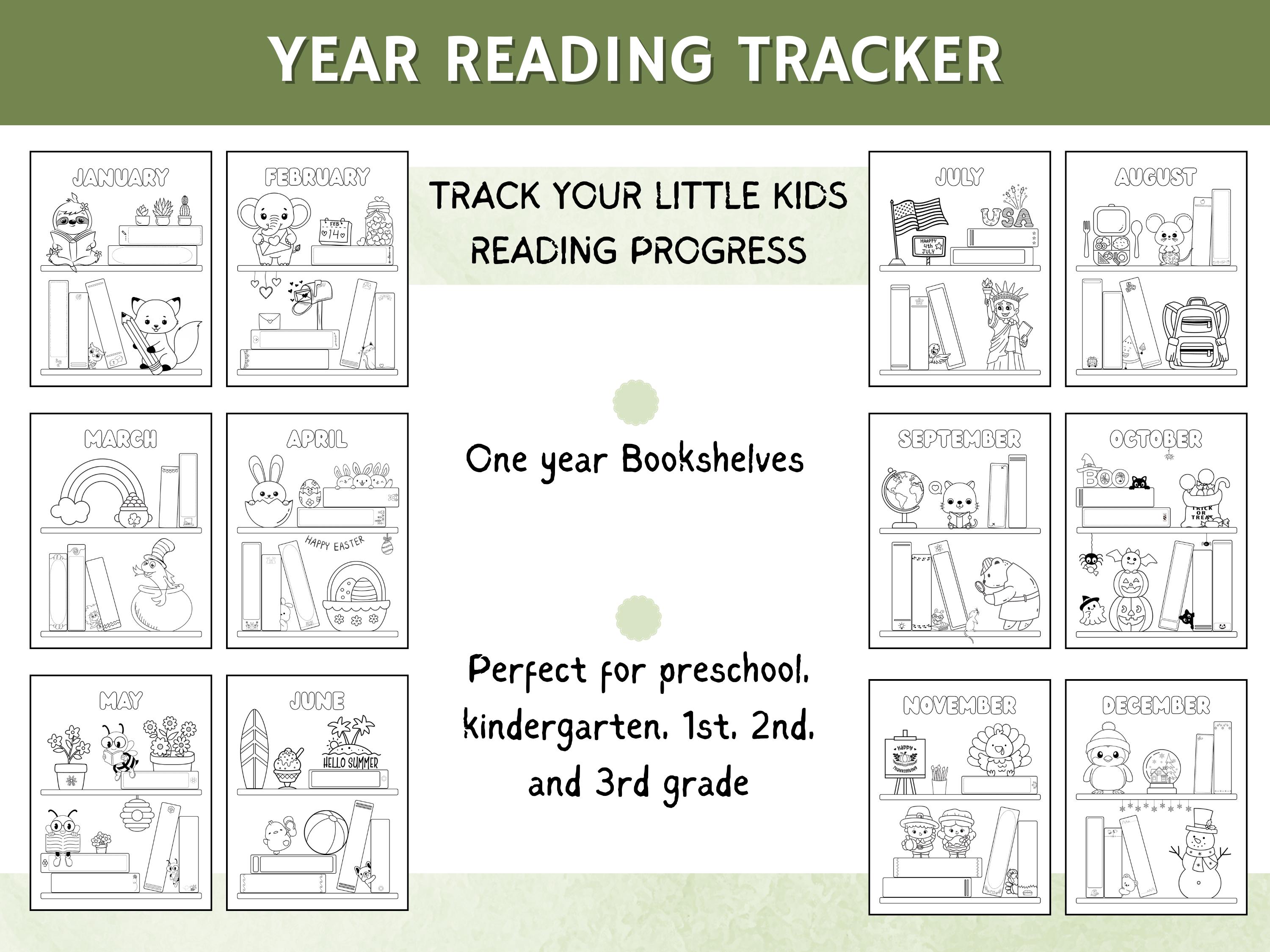 Kids Bookshelf Reading Tracker: Printable 12-month Coloring Log ...