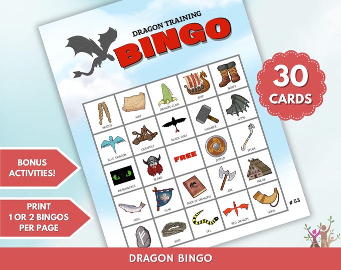 How to Train Your Dragon Birthday Party Bingo Game - 30 Playing Cards ...