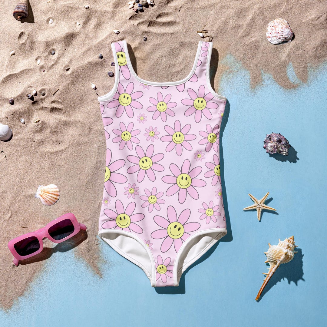 Smiley Face Pink Swimsuit for Girls, Cute One Piece, Fun Summer ...