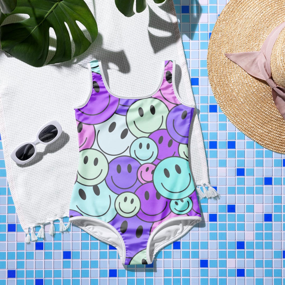 Smiley Face Girls Swimsuit, Happy Face Print Swimwear, Fun Summer ...