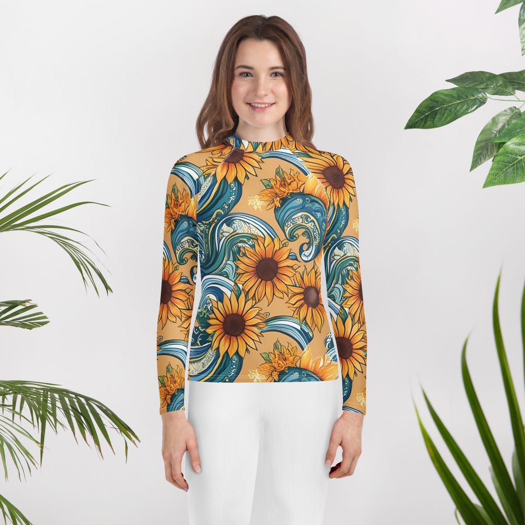 Sunflower Wave Rash Guard for Kids, Youth, and Teens, Long Sleeve UV ...