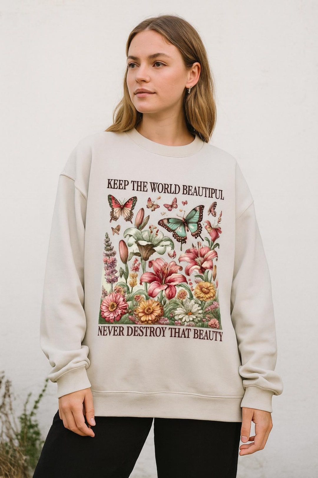 Keep the World Beautiful Crewneck, Floral Heavyweight Sweatshirt, Positive Quote Pullover, Cozy ...