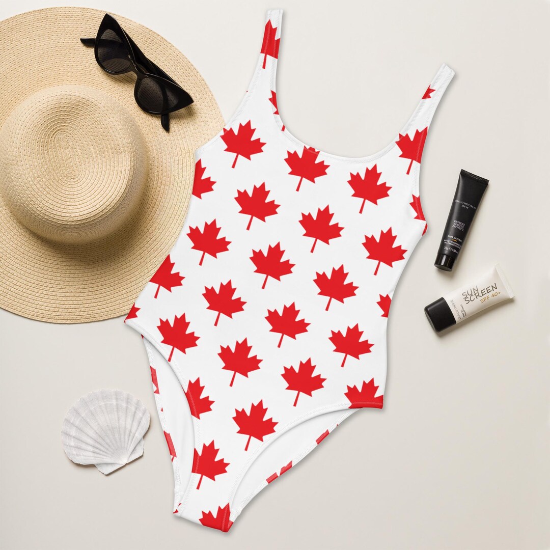 Canadian Flag One-piece Swimsuit, Patriotic Red Maple Leaf Bathing Suit ...