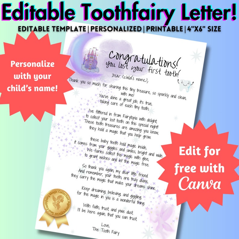 Editable Tooth Fairy Letter for Kids Personalized and - Etsy