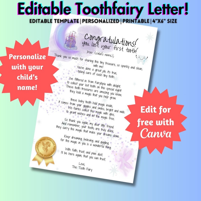 Editable Tooth Fairy Letter for Kids Personalized and - Etsy