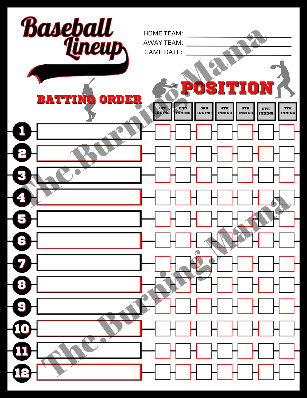 Baseball Gameday Lineup Printable - Baseball Batting Order - Baseball ...