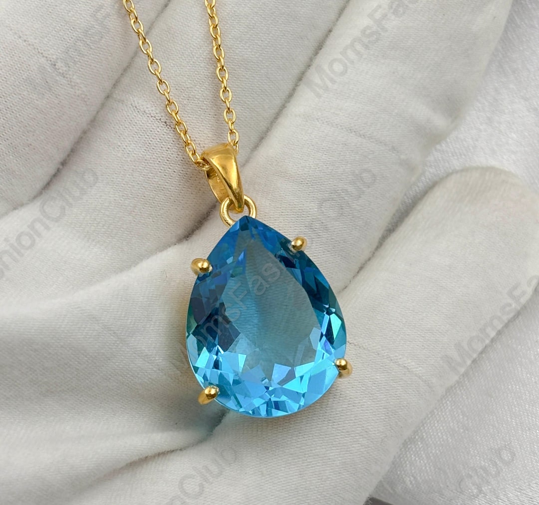 Large Blue Topaz Pendant: 925 Sterling Silver Teardrop Necklace - Etsy