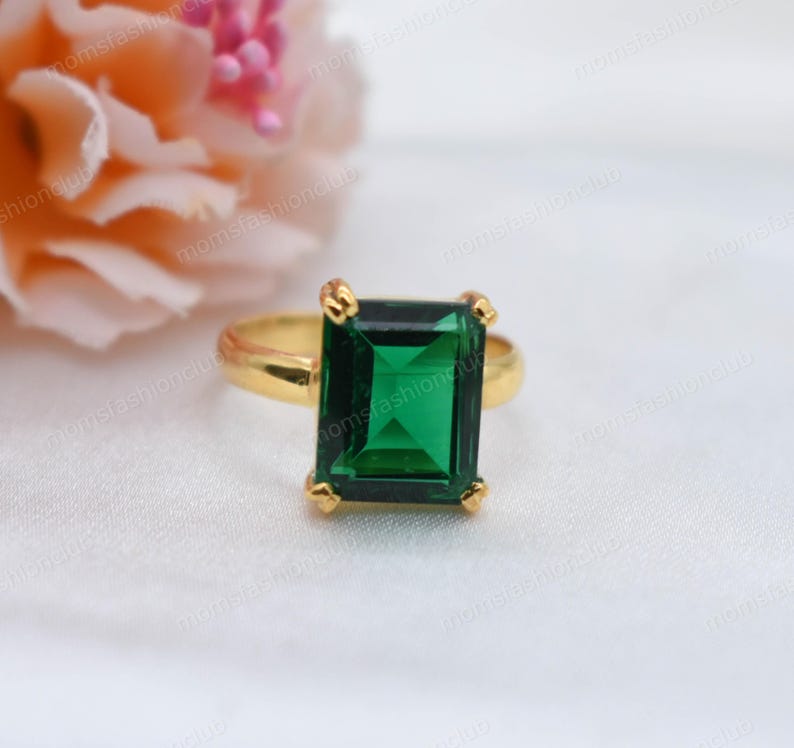 Green Garnet Ring, 18k Gold Vermeil Emerald Cut Ring, Engagement Ring ...