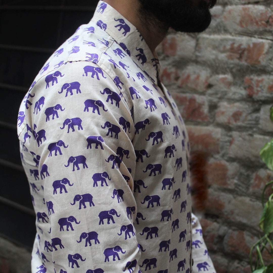 Elephant Print Shirt, Mens Pure Cotton Printed Shirt, Indian Jaipur ...