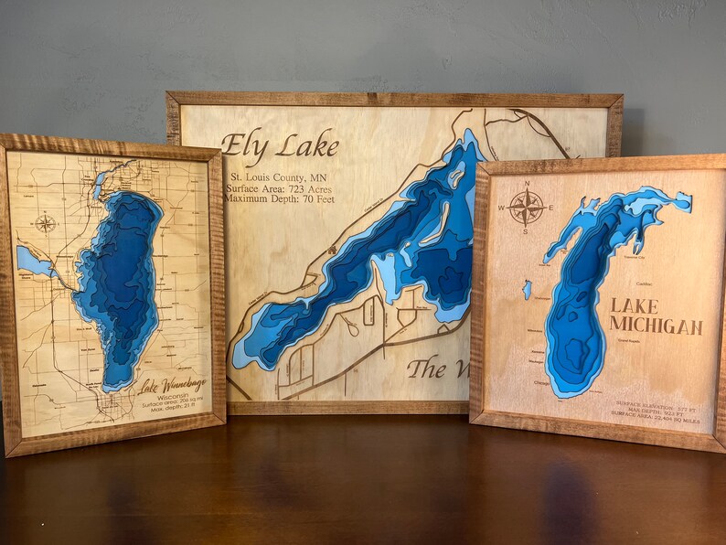 Personalized 3D Custom Lake Map Lake Wood Art Custom Laser Engraved ...