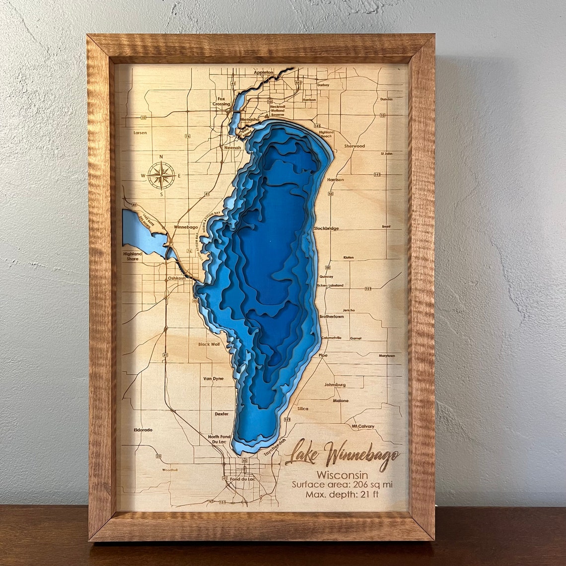 Personalized 3D Custom Lake Map Lake Wood Art Custom Laser Engraved ...