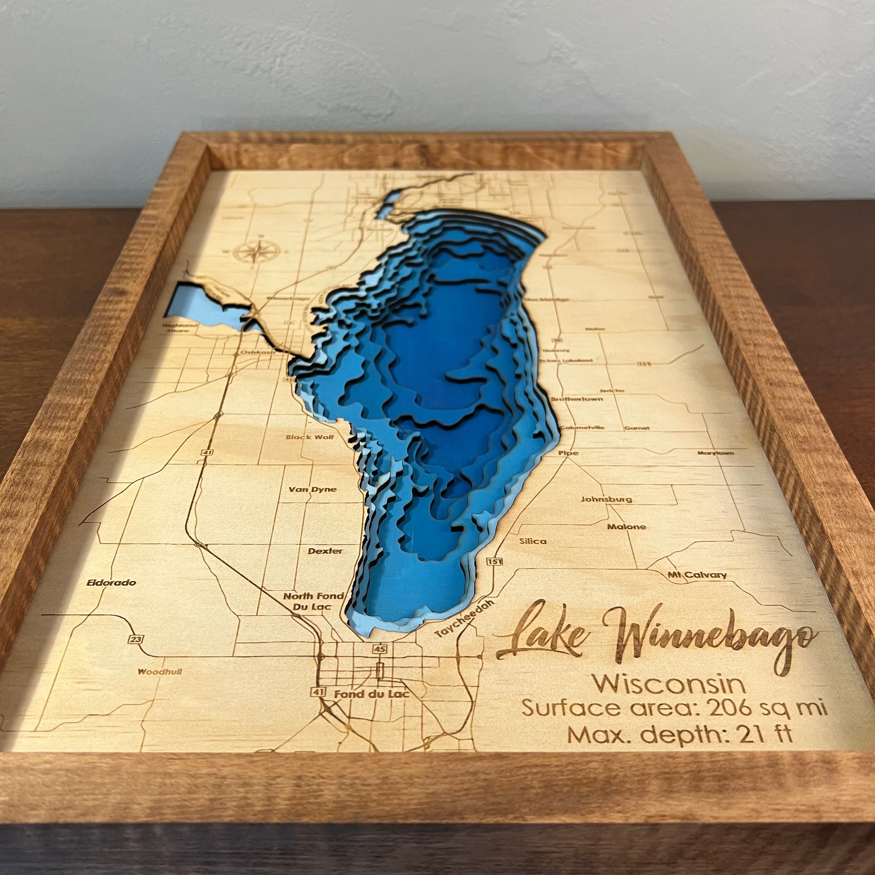 Personalized 3D Custom Lake Map Lake Wood Art Custom Laser Engraved ...