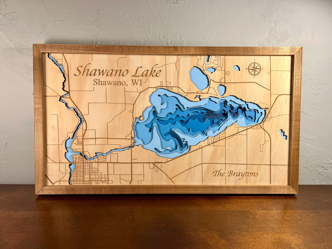 Personalized 3D Custom Lake Map Lake Wood Art Custom Laser Engraved ...