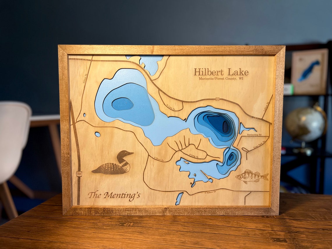 Personalized 3D Custom Lake Map Lake Wood Art Custom Laser Engraved ...