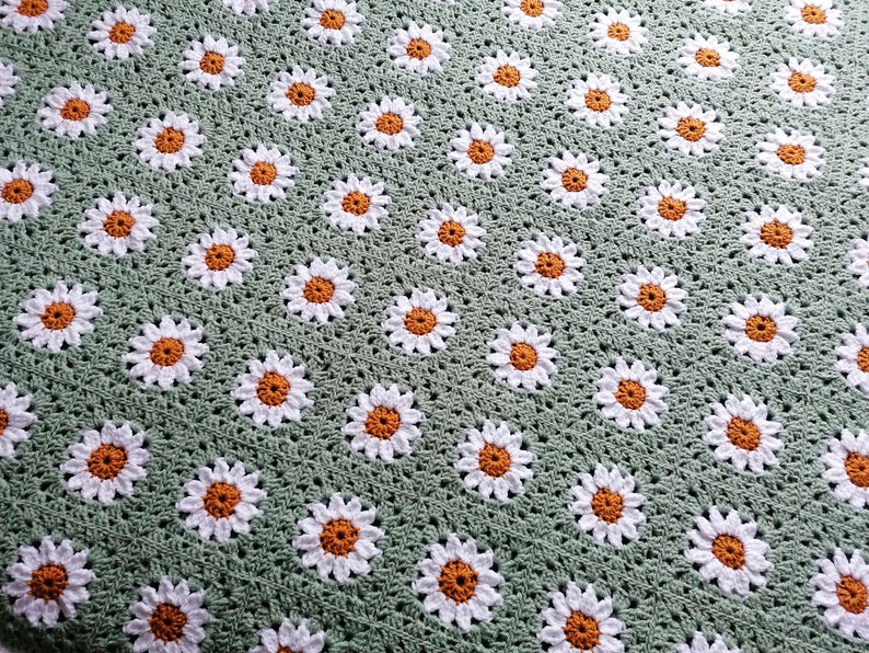 Handmade Crochet Daisy Blanket, Afghan Throw, Sage Green and White Made ...
