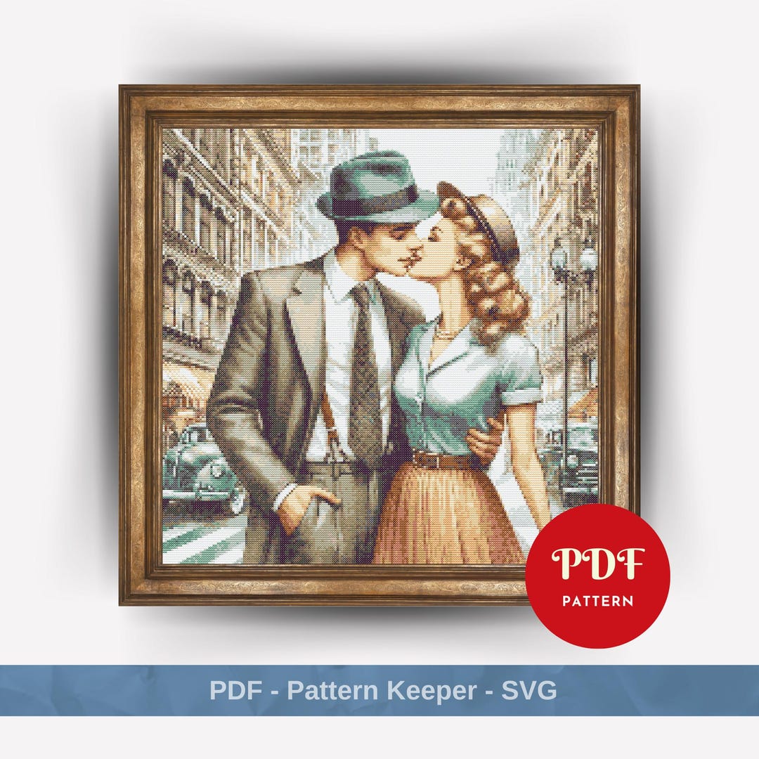 Vintage Couple Kissing Cross Stitch Pattern, Retro Embroidery Design ...