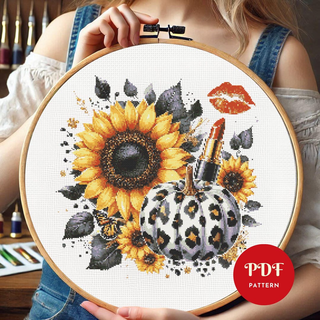 Sunflower Glam Cross Stitch Pattern, Leopard Pumpkin Embroidery Design ...