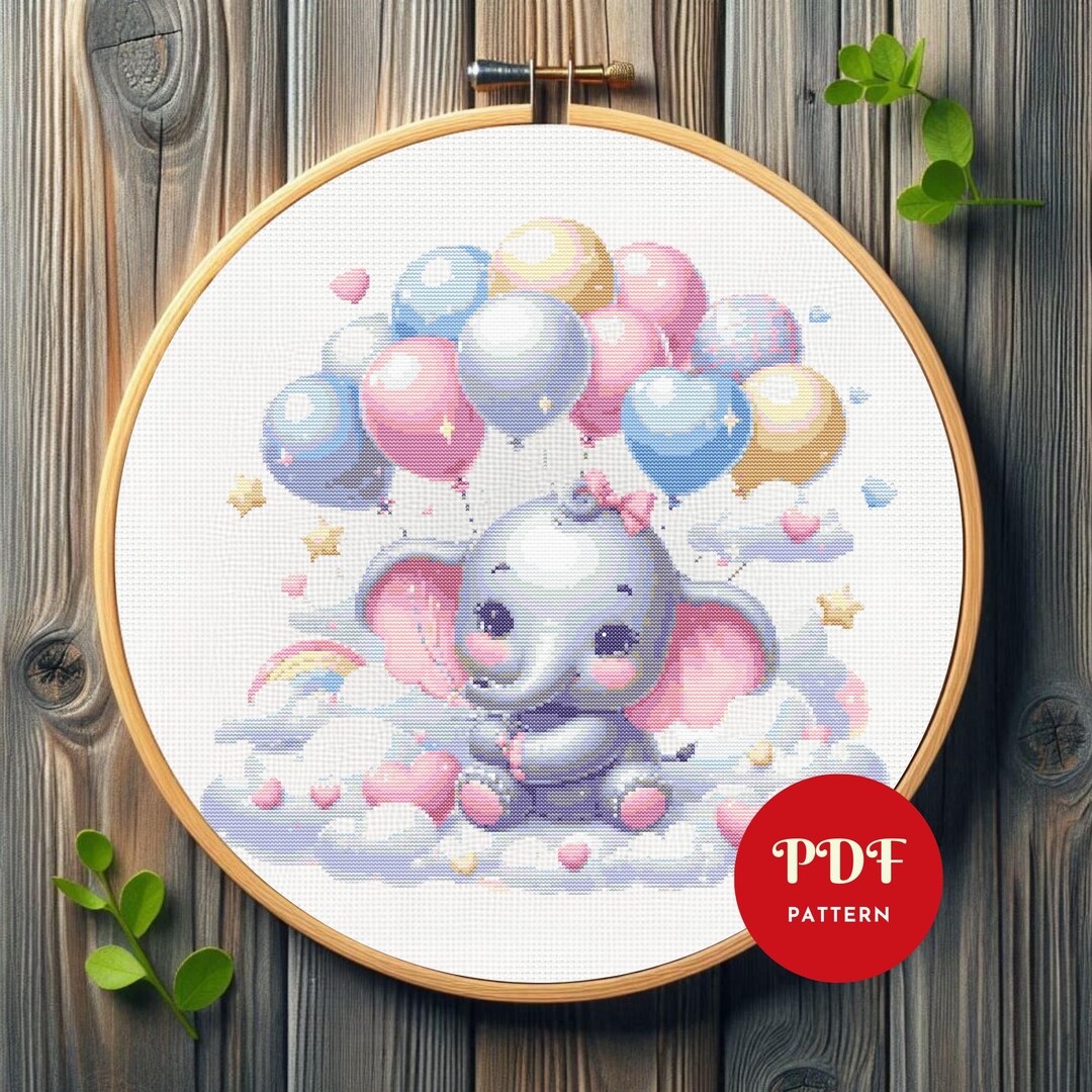 Adorable Elephant Cross Stitch Pattern, Kids Embroidery Design, Balloon ...