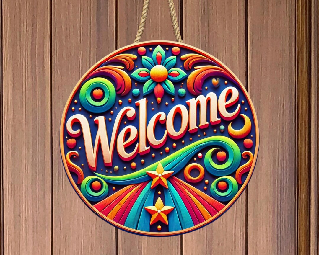 3D Colorful Welcome Sign Round Door Hanger Design, Flower Round ...