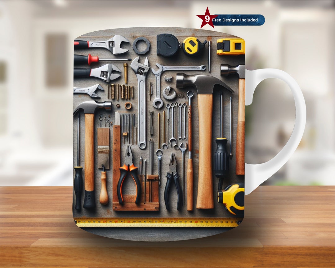 Tools on Wooden Table Mug Wrap, 11oz & 15oz Mug Template,tool Mug ...