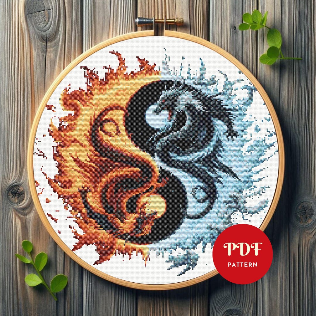 Dragon Yin Yang Cross Stitch Pattern, Fire and Ice Embroidery Design ...